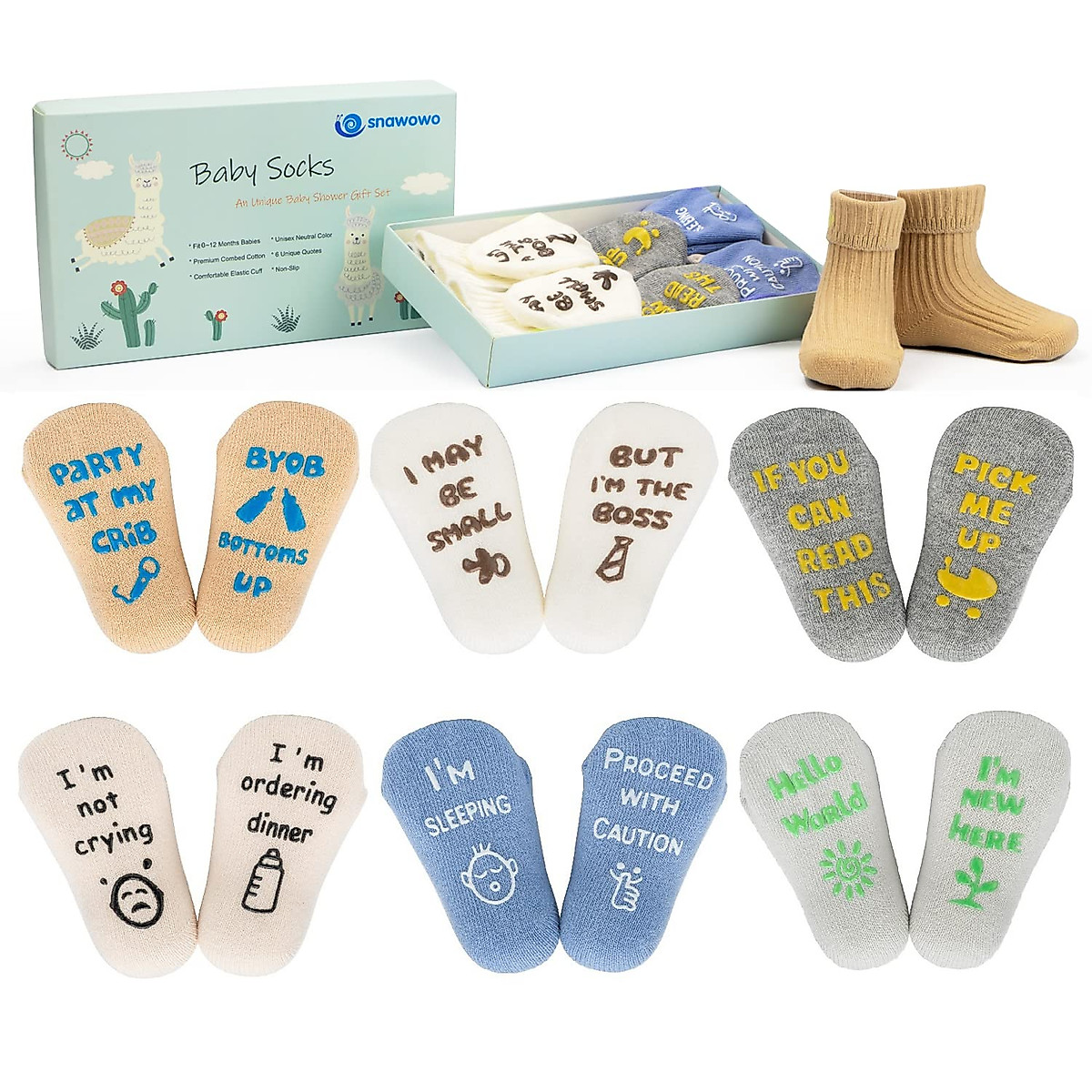snawowo Funny Newborn Baby Socks with Grip, Cute Gender Neutral Gift for Baby Shower & Baby Registry Search, Non Slip Infant Socks for Girl Boy (6 Pairs-Unisex)