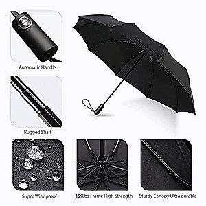 Ateupom Rain Umbrella, 12 Ribs 39 inch Auto Open/Close Windproof Umbrella, Waterproof Travel Umbrella, Portable Umbrellas Folding Backpack Umbrella with Ergonomic Handle