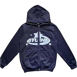 Women 's Vintage Graphic Star Letter Print Zip Up Hoodies Y2K Gothic Oversized Sweatshirts Aesthetic Jackets Streetwear (A-Black, M)