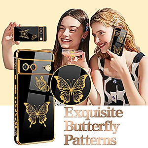 Coralogo for Google Pixel 7 Case Butterfly for Women Girls Girly Pretty Phone Cases Cute Black and Gold Plating Butterflies Design with Screen Aesthetic Cover for Google Pixel 7 5G 2022 6.3"