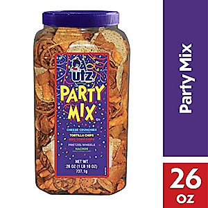Utz Party Mix - 26 Ounce Barrel - Tasty Snack Mix Includes Corn/Nacho Tortillas, Pretzels, BBQ Corn Chips and Cheese Curls, Easy and Quick Party Snacks, Cholesterol Free and Trans-Fat Free