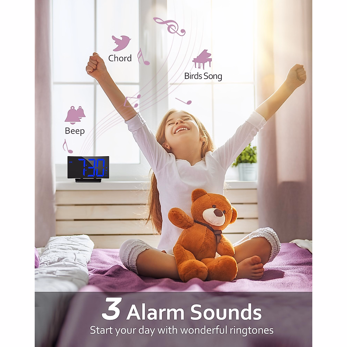 Digital Alarm Clock for Bedrooms, Digital Clock with Modern Curved Design, Conspicuous Blue LED Numbers, 6 Levels Brightness, 2 Volume, 3 Alarm Tones, Snooze, Power-Off Memory, 12/24H, Bedside Clock