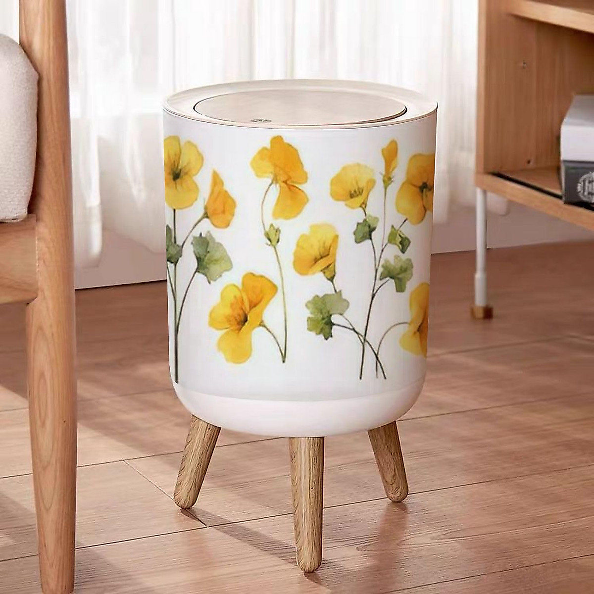 Small Trash Can with Lid for Bathroom Kitchen Office Diaper Yellow flowers nature botanical decorative collection collection Bedroom Garbage Trash Bin Dog Proof Waste Basket Cute Decorative
