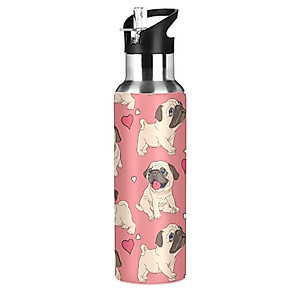 Oarencol Pug Heart Water Bottle Lovely Dog Puppy Pink Stainless Steel Vacuum Insulated with Straw Lid 20 Oz