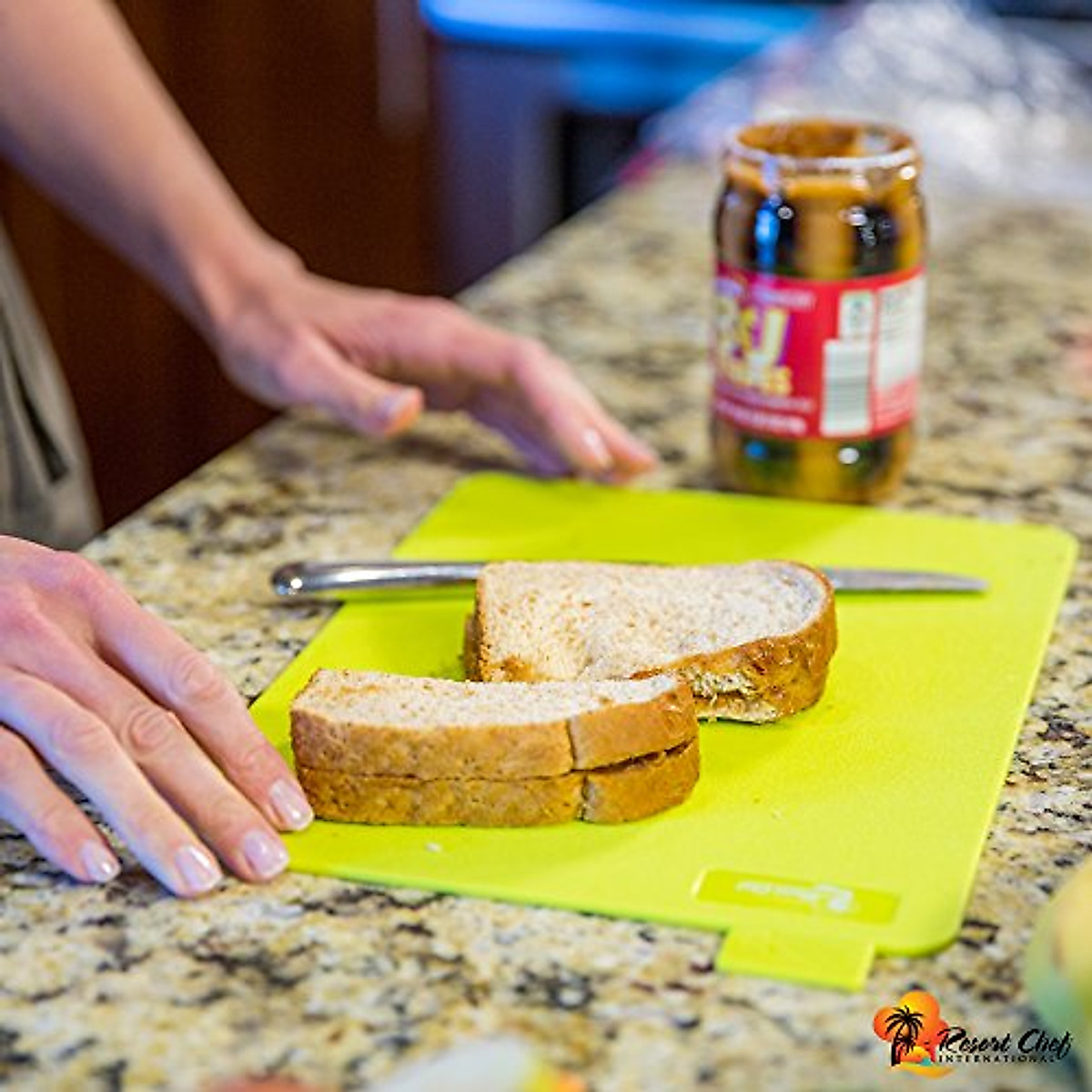 Resort Chef Kitchen Cutting Board Set of 4 Reversible Plastic Cutting Boards for Kitchen Dishwasher Safe, with Food Icons BPA Free & Eco Friendly, Non Porous, Includes Ceramic Knife & Non-Slip Mat