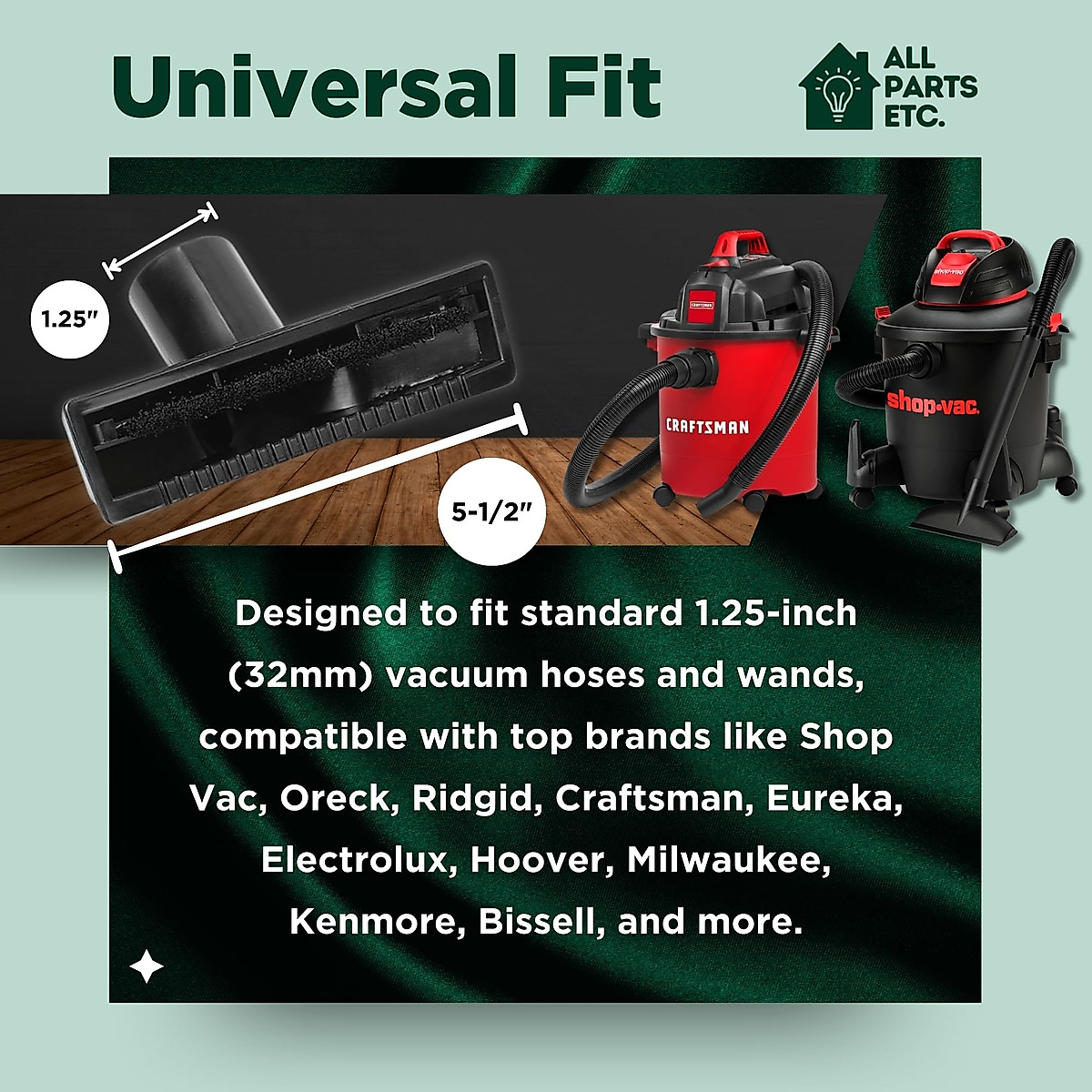ALL PARTS ETC. Universal Upholstery Vacuum Attachment - Compatible with 1.25” Vacuum Hoses & Shop Vac, Bissell, Nutone, Eureka, Beam, Central Vacuums & More