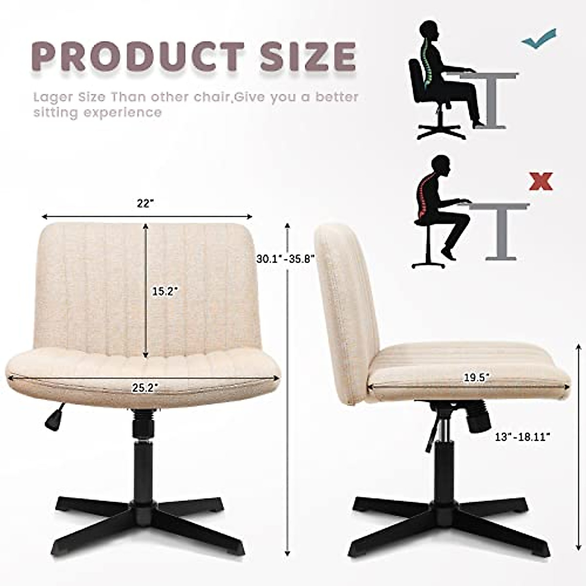 LEMBERI Fabric Padded Desk Chair No Wheels, Armless Wide Swivel,120° Rocking Mid Back Ergonomic Computer Task Vanity Chairs for Office, Home, Make Up,Small Space, Bed Room,Beige