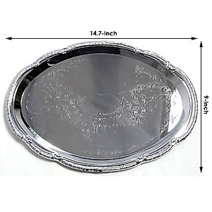 Maro Megastore (Pack of 4) 14.7" x 10.6" Oval Shape Chrome Plated Serving Tray Plate Food Art Deco Floral Pattern Engraved Multi-Purpose Holiday Party Buffet Wedding Birthday (Large) T125L-4PK