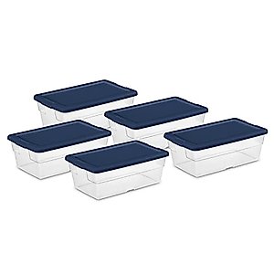 Sterilite Stackable 6 Quart Clear Home Storage Box with Handles and Blue Lid for Efficient, Space Saving Household Storage and Organization, 5 Pack