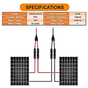ALAMSCN 4 Pairs Solar Connector Y Branch Parallel Adapter Cable Wire Plug 2 to 1 Male Female Connectors (M/FF, F/MM) for Solar Panel with PV Cable Clips