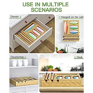 6 In 1 Ziplock Bag Storage Organizer, Foil and Plastic Wrap Organizer, Uamector Bamboo Aluminum Foil Dispenser with Cutter for Kitchen Drawer, Applies to Gallon Quart Sandwich Snack Bags, Cling Film Aluminum Foil, etc