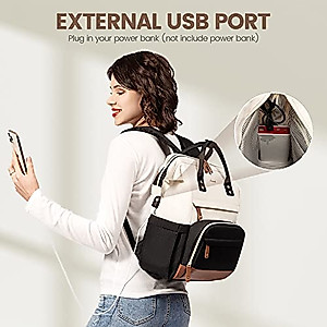 LOVEVOOK Laptop Backpack for Women, 17 Inch Work Business Backpacks Purse with USB Port, Large Capacity Educators Doctor Nurse Bag Backbag, Waterproof Casual Daypack for Travel,Black-White-Brown