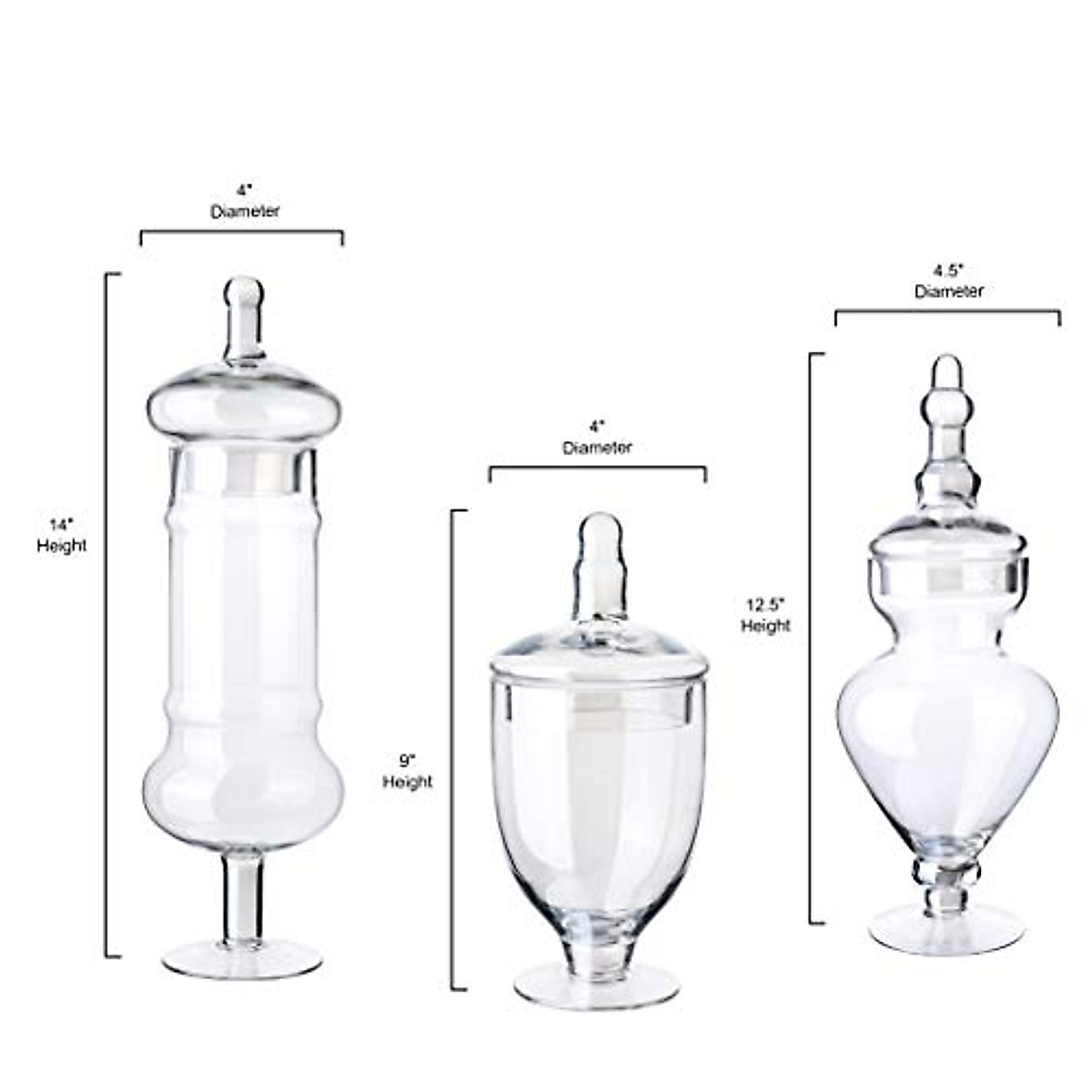 Diamond Star Set of 3 Clear Glass Apothecary Jars Elegant Storage Jar, Decorative Wedding Candy Organizer Canisters Home Decor Centerpieces (H: 9", 12.5", 14")