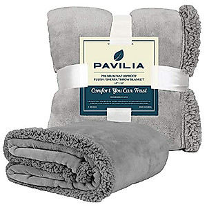 PAVILIA Waterproof Blanket for Couch, Sofa | Waterproof Dog Blanket for Large Dog, Puppy, Cat | Pet Blanket Protector | Plush Soft Warm Fuzzy Sherpa Blanket Bed Throw, Light Grey, 60x80