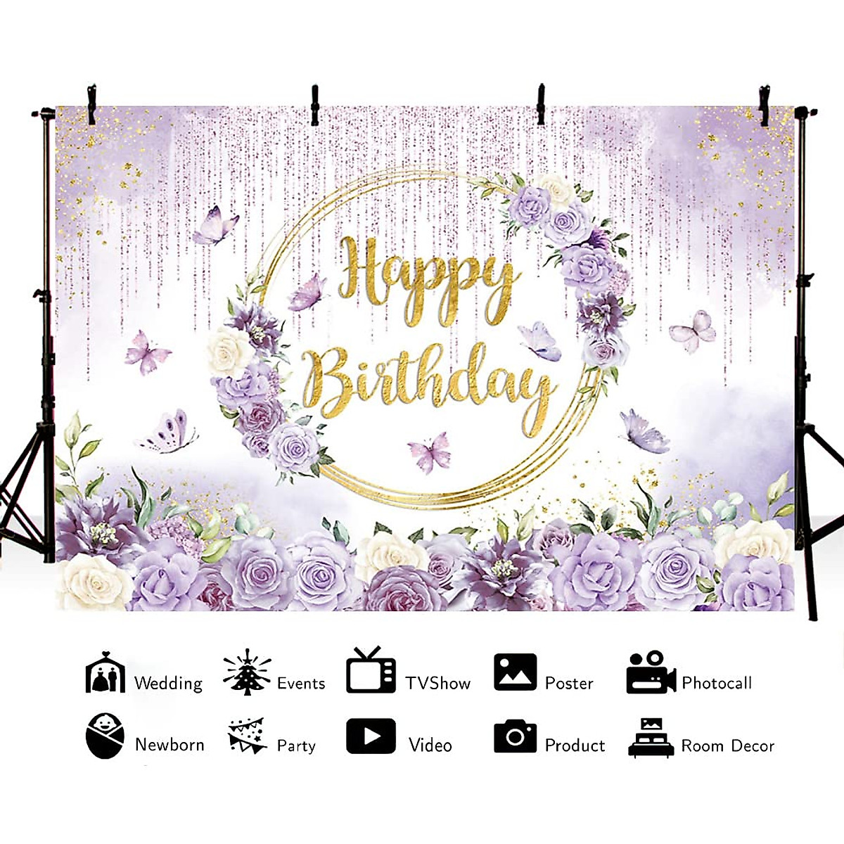 MEHOFOND 10x7ft Spring Purple Floral Happy Birthday Backdrop Girl Violet Dripping Glitter Bday Photography Background Princess Bday Party Banner Cake Smash Gold Spots Vinyl Decor Photo Studio Prop