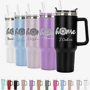 LifGif Home Sunflower Personalized Tumbler 40 oz Laser Engraved, Insulated Cup with Handle, Lid and Straw, Stainless Steel Large Vacuum Insulated, Custom Gift for Birthday, women, mom, sister