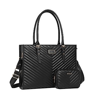 MOSISO Laptop Tote Bag for Women, 15.6 inch Computer Bag Compatible with MacBook, HP, Dell, Asus Notebook, 16 inch Large Capacity Quilted Leather Laptop Handbag with Clutch Purse, Black