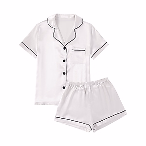 LYANER Women's Satin Pajamas Set Short Sleeve Button Shirt Silky Sleepwear with Shorts Set PJ White Small