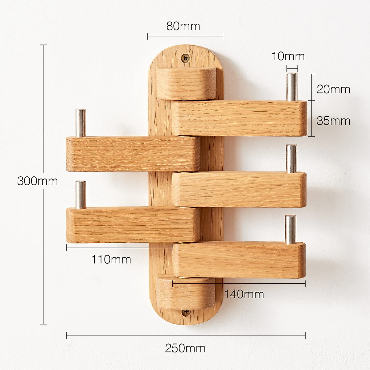 Rsuwiz Coat Hooks for Wall, Oak Wood Wall Hooks with 5 Swivel Foldable Arms, 12'' Length Wall Coat Rack Hat Hooks for Bathroom Entryway Bedroom Office Kitchen, Heavy Duty (Natural)