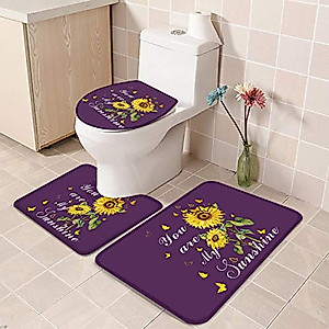 3 Piece Bath Rugs Sets Sunflower Butterfly Non Slip Bathroom Carpet You are My Sunshine Dark Purple Absorbent U-Shaped Toilet Mat, Toilet Lid Cover