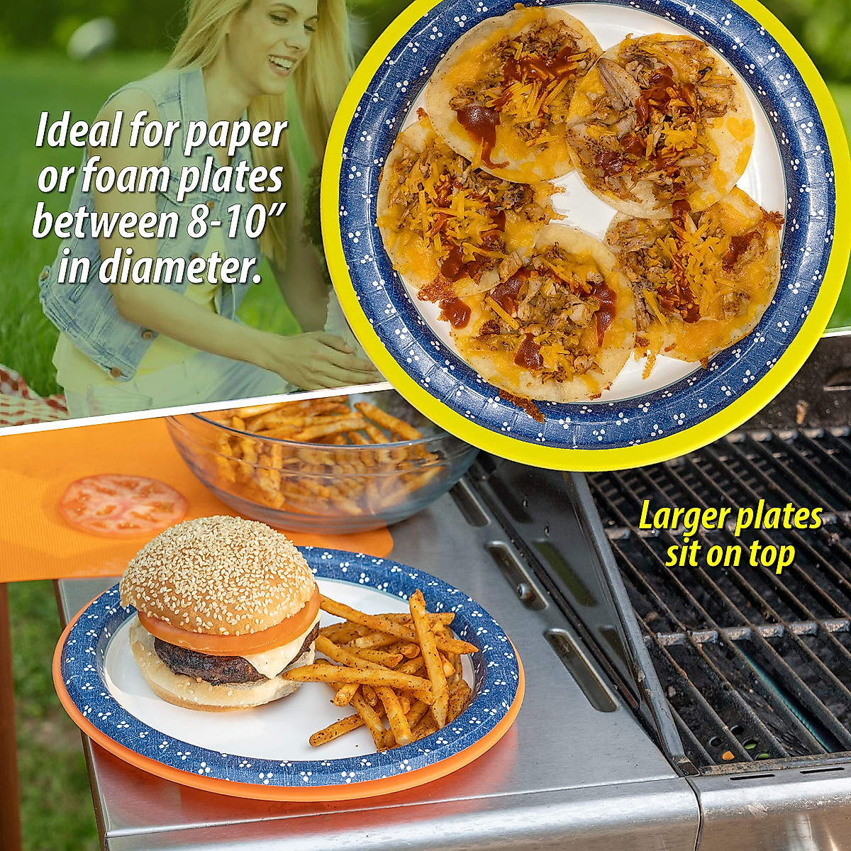 Besti Reusable Plastic Paper Plate Holders 10 Inch, 20 Piece Round Plastic Paper Plate Holder Set with Snap-In Grooves, Dishwasher Safe, 4 Assorted Colors