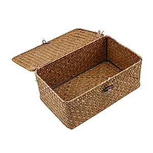 VALICLUD Small Basket Wicker Storage Basket with Lid Decorative Storage Boxes with Lids Woven Storage Basket Seagrass Baskets Wicker Basket with Lid Decorative Basket (Size S) Woven Basket