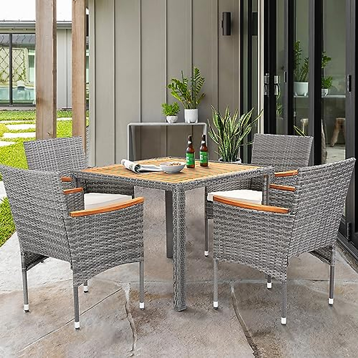 ARTBUSKE 5 Pieces Patio Dining Sets for 4 Outdoor Patio Furniture Sets with Acacia Wood Table Top Wicker Patio Table and Chairs Set for Patio,Yard,Deck,Balcony,Grey