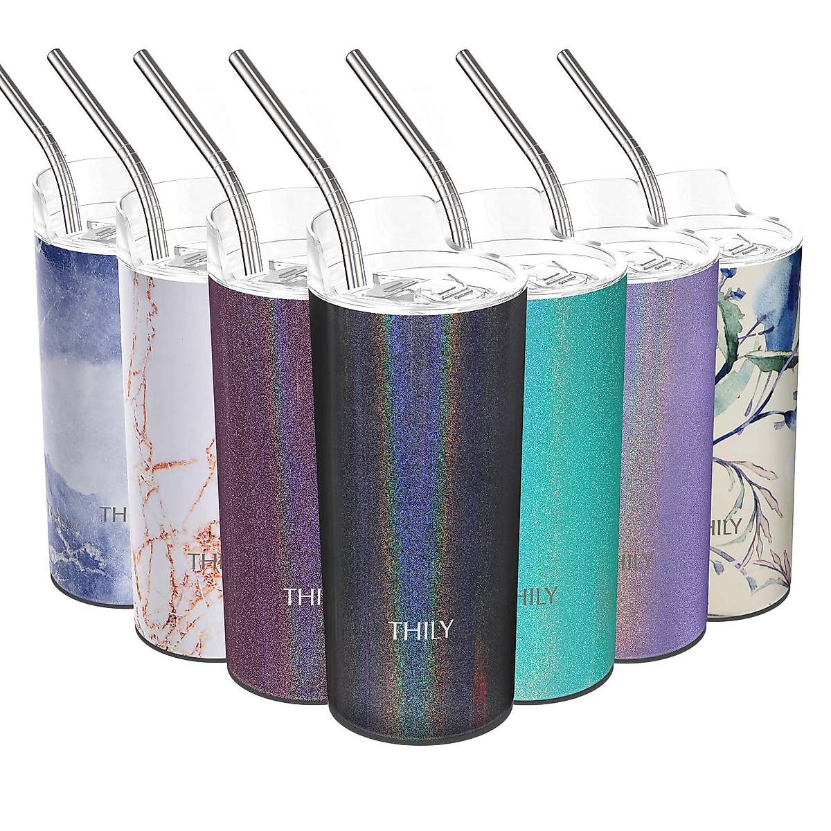 THILY Stainless Steel Insulated Skinny Tumbler 16 oz Vacuum Insulated Coffee Cup with Splash-proof Lid, Straw, Keeps Ice Drinks Cold, Glitter Gray