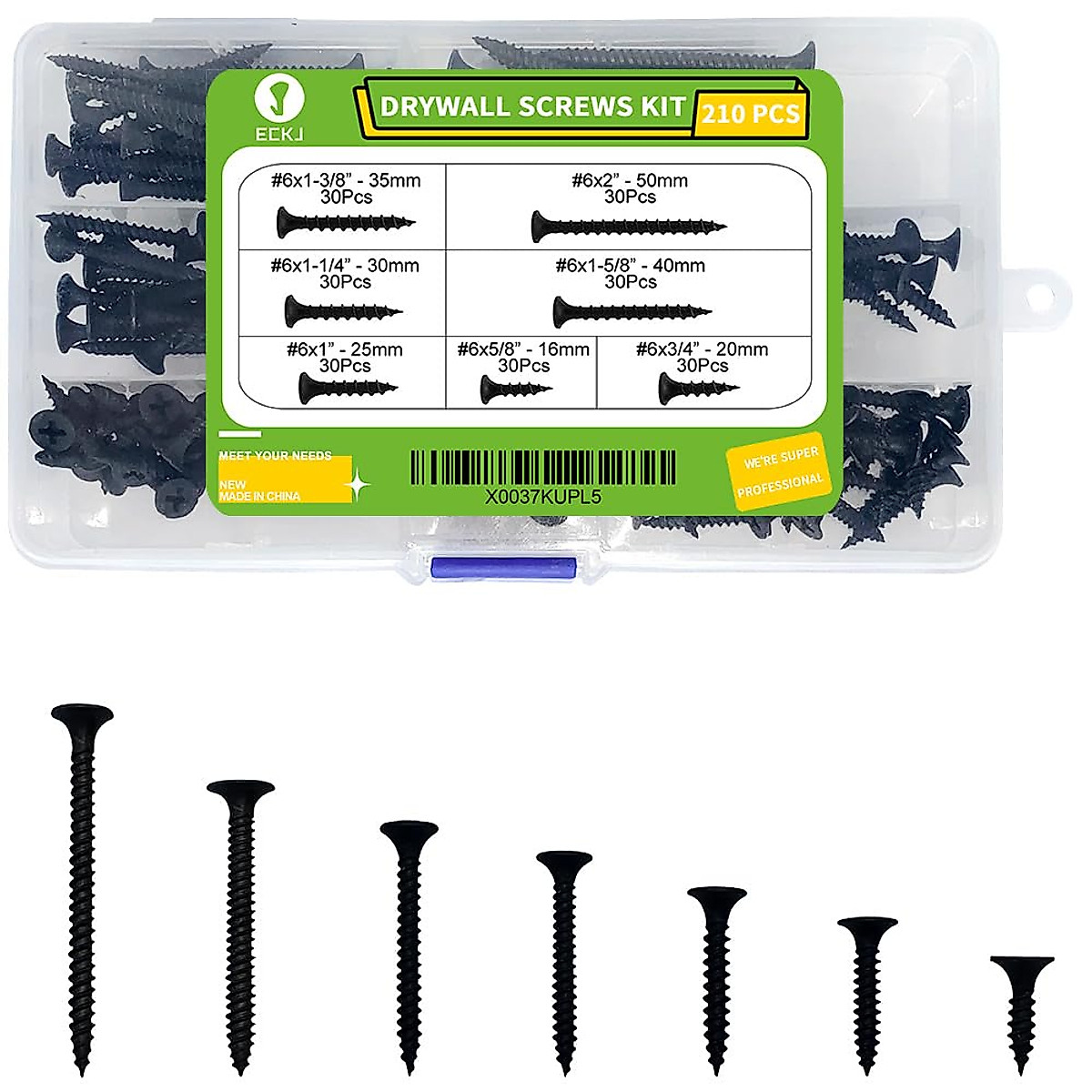 ECKJ Drywall Screws Kit #6 Coarse Thread Sharp Point Self Tapping Screws with Phillips Drive Flat Head, Black Bugle Head Machine Screws Assortment Set for Drywall Sheetrock, Wood, Furniture - 210PCS