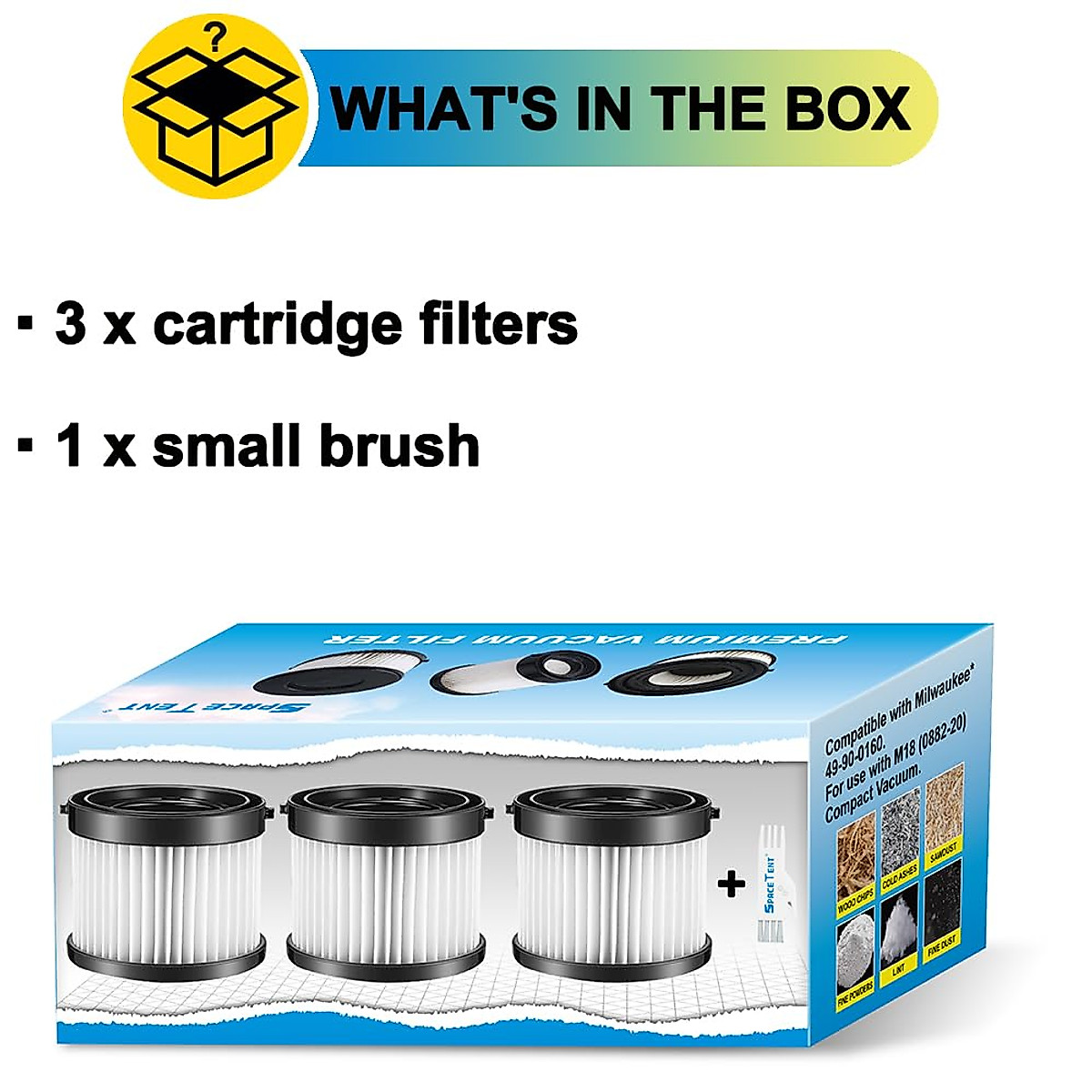 SpaceTent 3 Pack 49-90-1951 Vacuum Filters for Milwaukee M18 Compact Vac 0882-20, part# 49-90-0160.