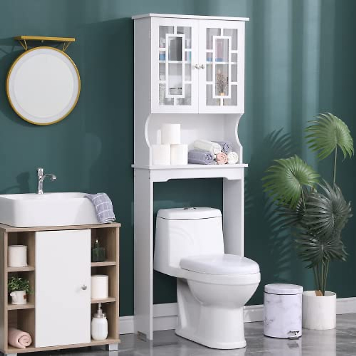 RICHRYCE Over-The-Toilet Storage, Wooden Bathroom Organizer, with 2 Glass Doors & Adjustable Shelf,Over Toilet Cabinets for Bathroom，67.1''L x 23.6''W x 8.5''H,(White)