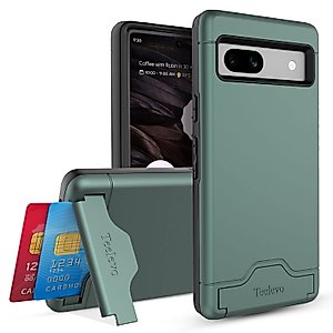 Teelevo Wallet Case for Google Pixel 7a, Dual Layer Case with Card Slot Holder and Kickstand for Google Pixel 7a - Dark Green