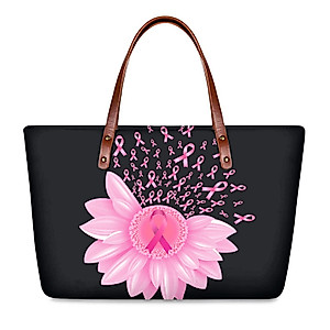 Wideasale Handle Shoulder Bag for Women Large Capacity Flower Pink Ribbon Tote Handbags Meaningful Gift,Breast Cancer Awareness
