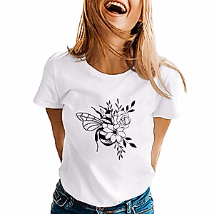 Womens Spring Summer Bees Printed Short Sleeve O Neck T Shirt Top White