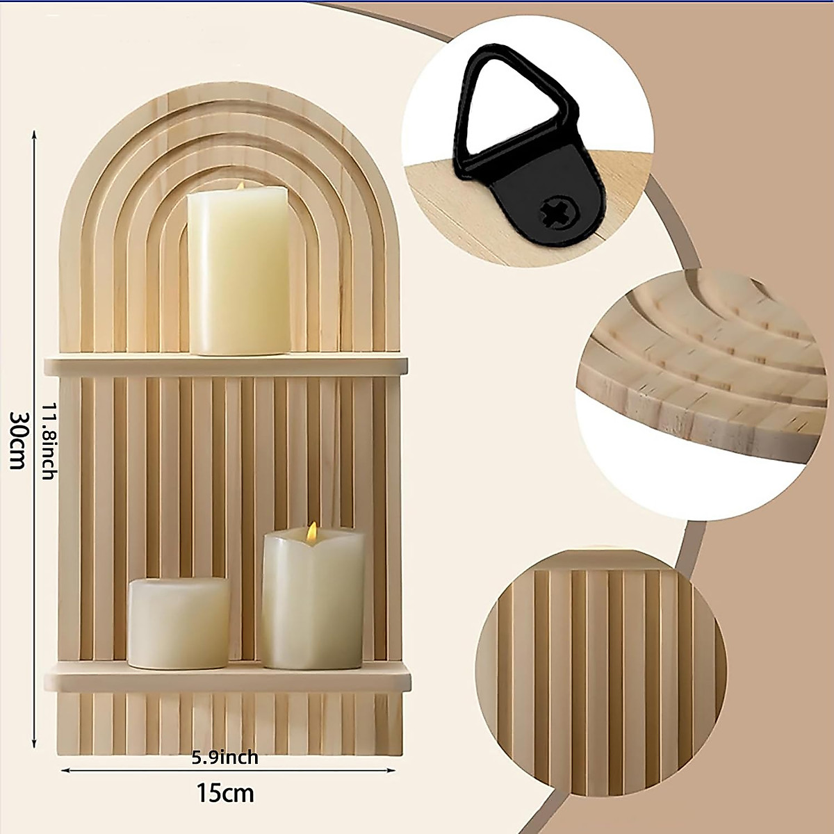 Generic Bookshelf Arched Wood Rainbow Wall: Retro Bohemian Double Floating Wall Shelving, Brown