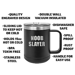 Rogue River Tactical Funny Gamer Noob Slayer Joke 15oz Travel Tumbler Mug Cup w/Lid Stainless Steel Gift For Video Game PLayer Black