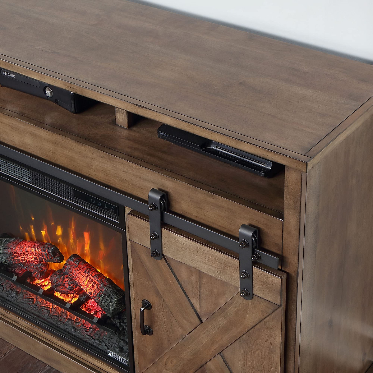 Bridgevine Home Rustic Farmhouse Fireplace TV Stand, 66 Inches, Accommodates TVs up to 80 inches, Fully Assembled, Knotty Alder Solid Wood, Barnwood Finish