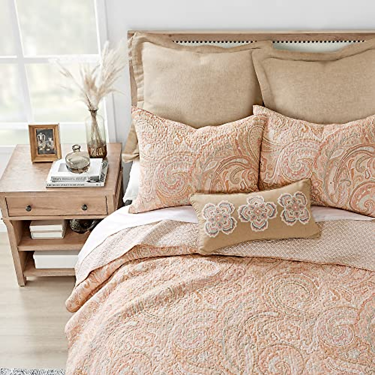 Levtex Home Spruce Coral Quilt Set - King Quilt + Two King Pillow Shams - Paisley Pattern in Coral and Tan - Quilt Size (106 x 92) and Pillow Sham Size (36 x 20) - Reversible Pattern - Cotton