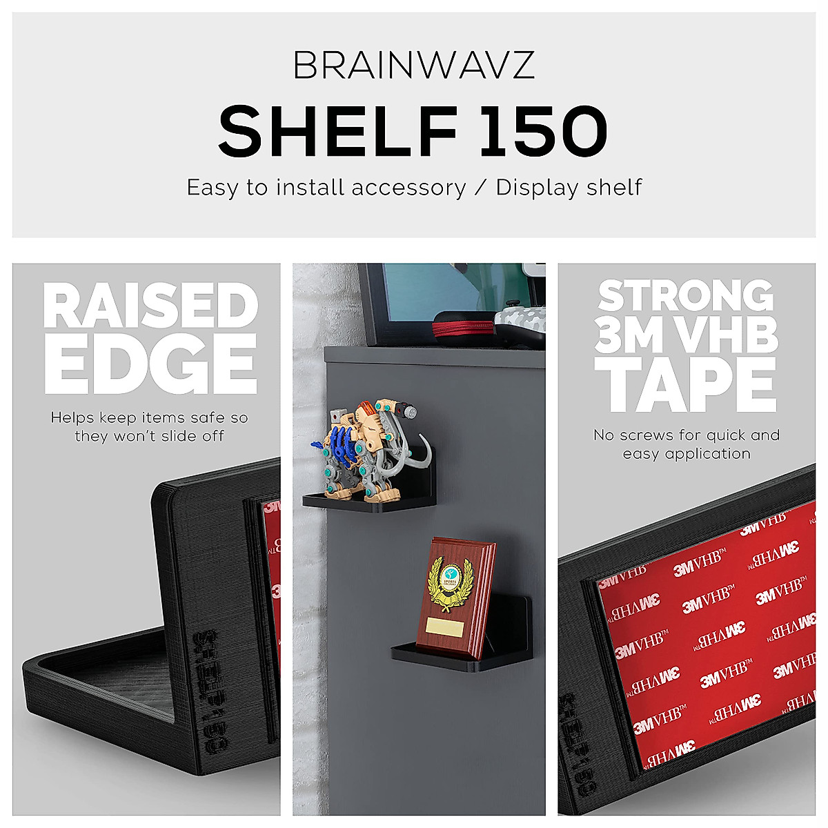 BRAINWAVZ [EOL] Universal Floating Shelf Mount for Security Cameras Baby Monitors Speakers Plants Toys & More Screwless Holder Strong Adhesive Easy to Install, 4.6” x 3.3 (SHELF150) (Black) [EOL]