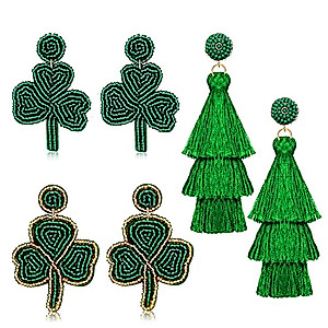 2/3Pairs St. Patrick's Day Earrings for Women, Beaded Shamrock Earrings Handmade Green Leaf Earrings Lucky Irish Earrings St. Patrick's Day Accessory Gifts (Style C)