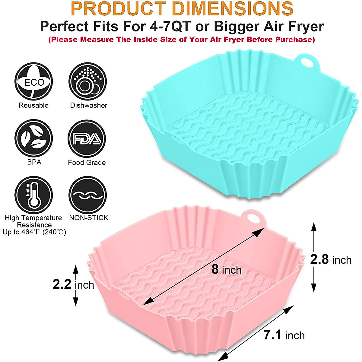 Air Fryer Silicone Pot, 2Pcs 8" Square Air Fryer Silicone Liners, Food Safe Non-Stick Air Fryers Oven Accessories, Reusable Replacement of Flammable Parchment Liner Paper for 4 To 7QT Air Fryer Square