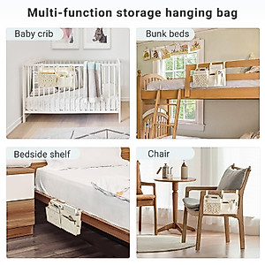 Mkono Bedside Caddy Hanging Organizer, Bunk Woven 7 Pockets Bed Storage Bag Boho Remote Magazine Books Holder with Macrame for Loft Bed College Dorm Bedroom Baby Bed Rails, Ivory
