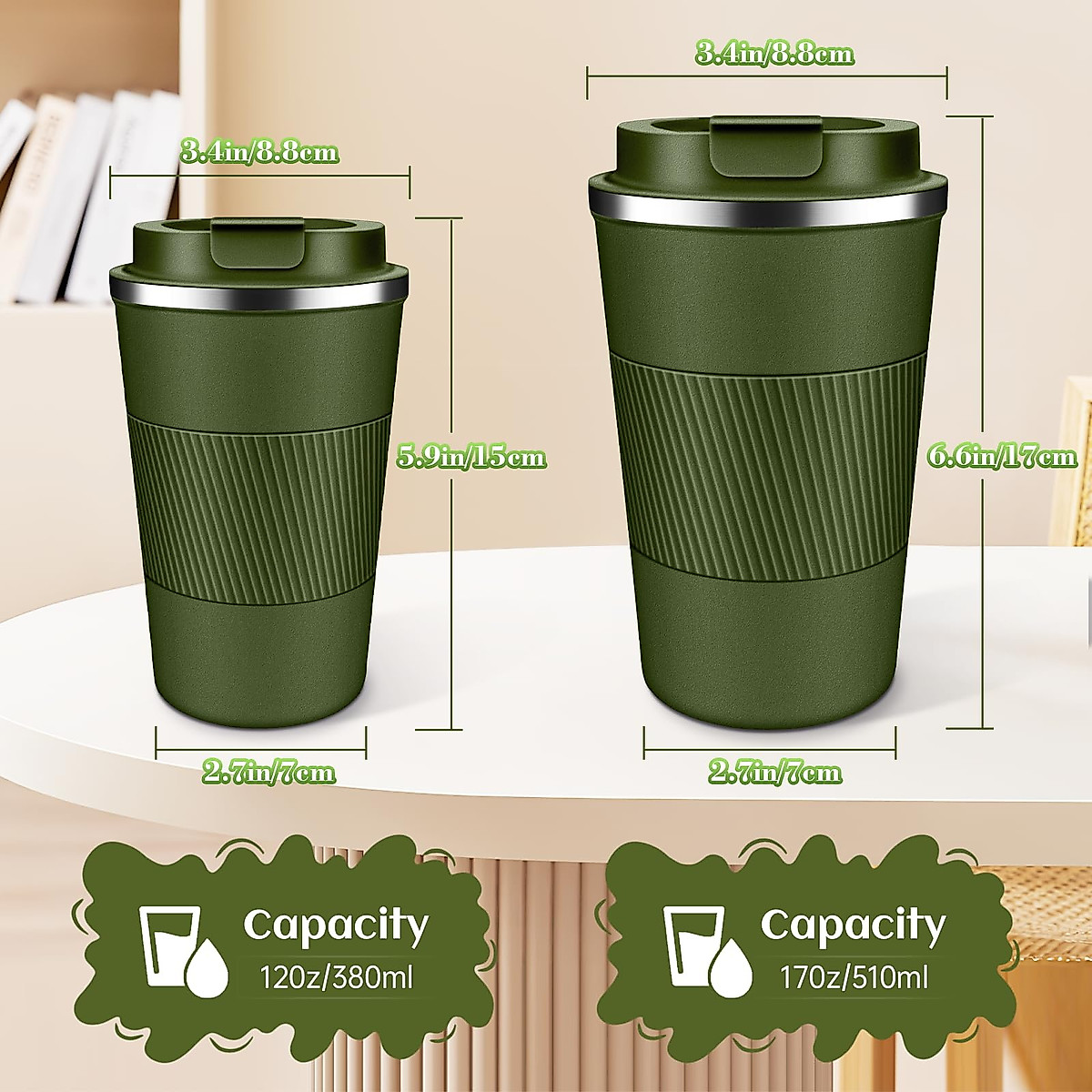 BAYTWA Coffee Tumbler 12oz/380ml - Insulated Coffee Mug with Lid, Leakproof Travel Coffee Cup, Stainless Steel Reusable Coffee Mug for Hot&Cold Drinks, Thermal Coffee Cups for Men Women-Green/1 Pack