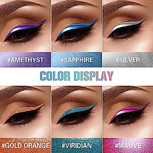 UCANBE 6pcs Metallic Liquid Eyeliner Makeup Set, Shimmer Colored Blue Purple Silver Orange Green Pink Glitter High-Pigmented Colorful Eye makeup, Longwearing Eye Liner Makeup Kit for Starters
