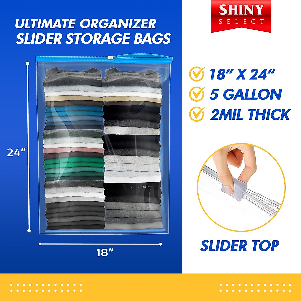 Shiny Select 5 Gallon Jumbo Slider Storage Bag, 18x24, 10 Bags – Resealable Extra Large Clear Plastic, 2 Mil Thick - Home Organization, Luggage, Travel, Kitchen Use, Baby Essentials, Seasonal Clothes