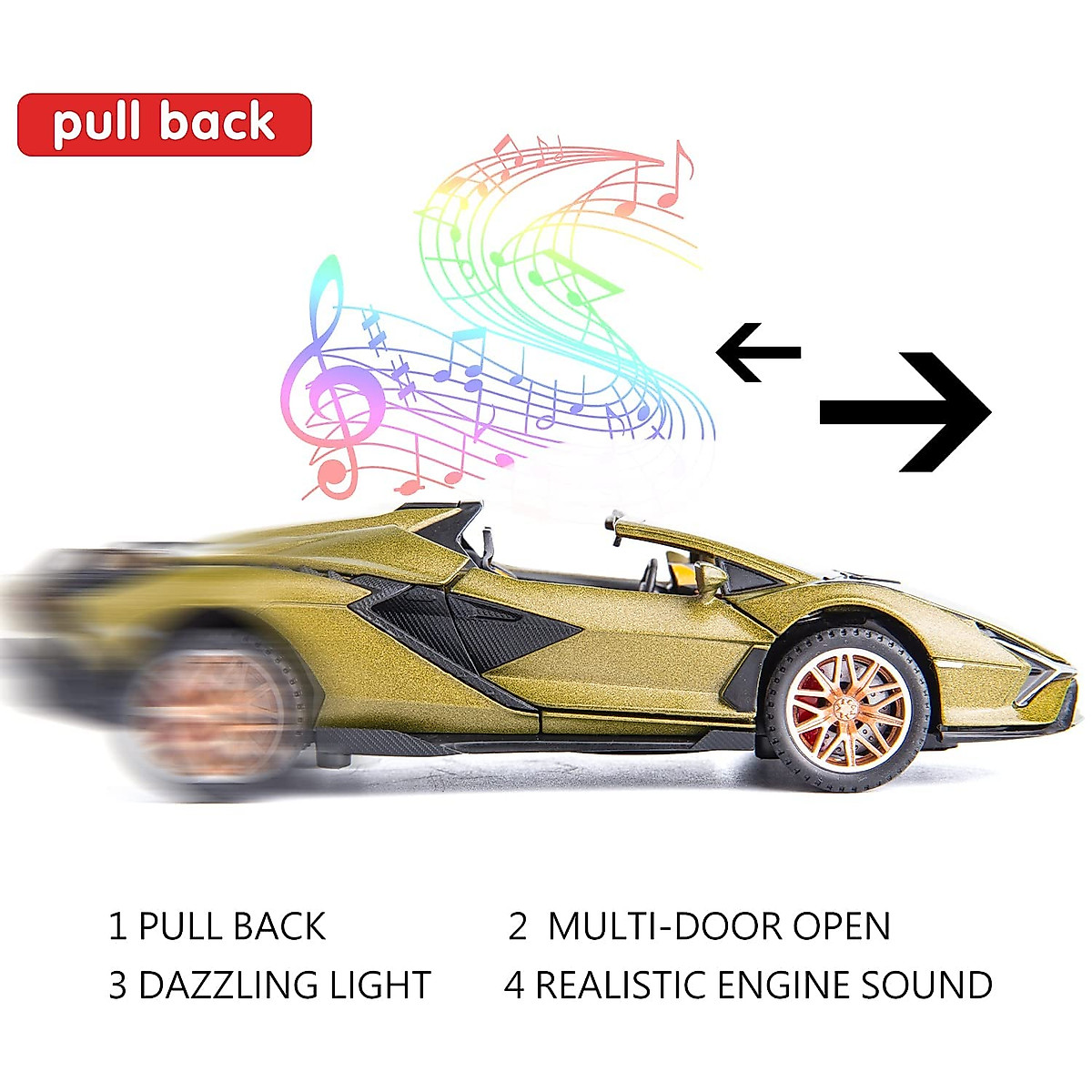 WAKAKAC Diecast Car Compatible for Sian Roadster 1/32 Scale Model Car Alloy Pull Back Door Opening Vehicles with Sound and Light Toy Car for Kids Boys Gift(Army Green)