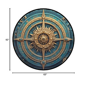 Blue Compass Rose Round Rug 5ft, Round Area Rug Ocean Nautical Non-Slip Circle Rug Indoor Floor Mat Carpet for Bedroom Living Room Kitchen Decor, 5' x 5' Round