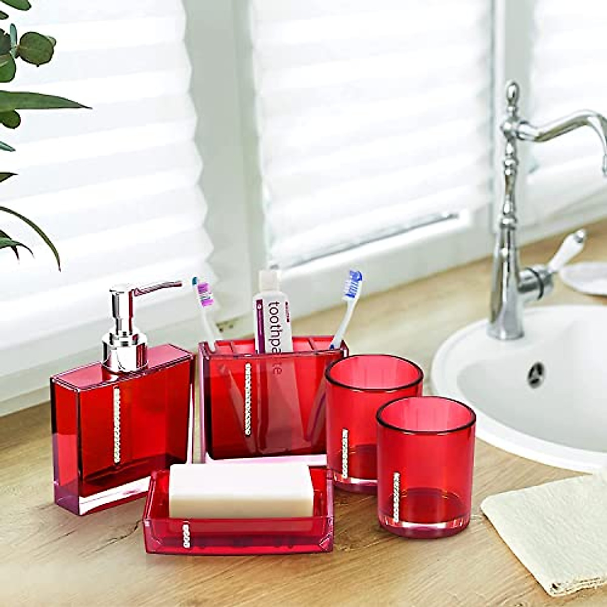 5pcs Bathroom Accessories Set Decorative Acrylic Collection Bath Accessory Set Includes Emulsion Bottle, Tooth Brush Holder, Soap Dish, 2 Gargle Cup for Decorative Countertop and Housewarming Gift