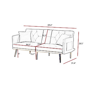 Velvet Upholstered Folding Futon Sofa Bed with 2 Cup Holders, 69.2" Modern Convertible Loveseat Couch Adjustable Recliner Love Seat with Side Pockets for Living Room Bedroom Office Small Places
