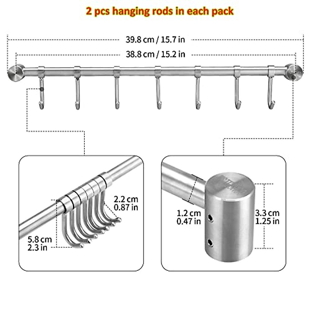 WSTECHCO Pot Pan Hanger Rods 2 PCS, 16 Inch with 7 Sliding Hooks, Kitchen Cookware Utensil Straight Bar, Bathroom Towel Hanging Rails 304 Stainless Steel Rack, for Hanging Coat Bag Umbrella Key Scarf